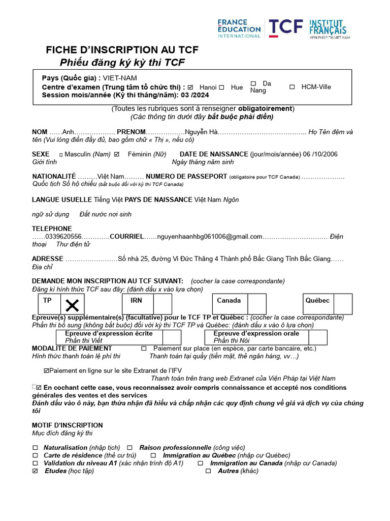 2023 Fiche Inscription Phieu Dang Ky Thi TCF | PDF