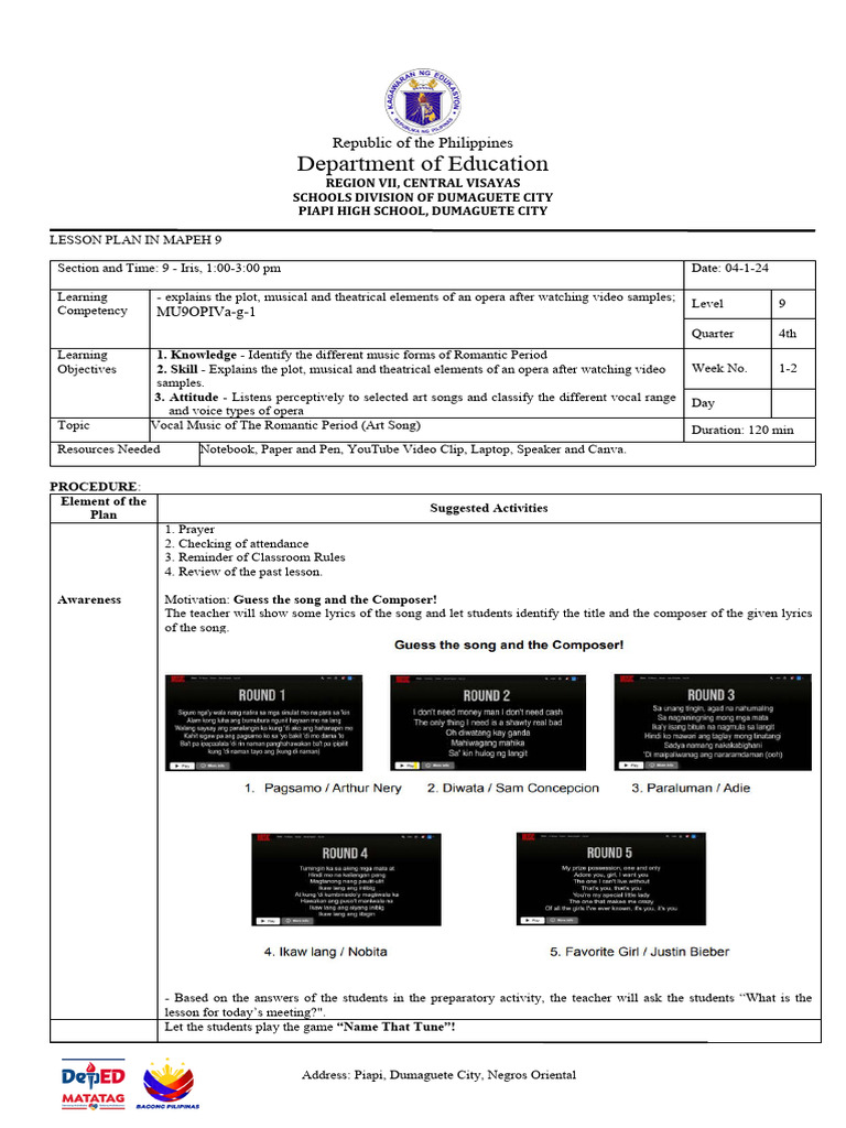 Lesson Plan in Arts 9 | PDF | Opera | Classical Music