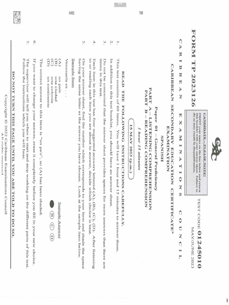 CSEC SPANISH 2023 Paper 1 Student's Script | PDF
