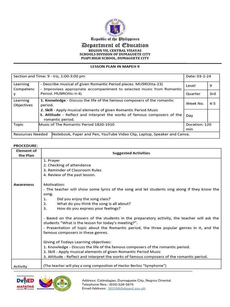 MAPEH 9 Lesson Plan: Romantic Music | PDF | Symphony | Ludwig Van Beethoven