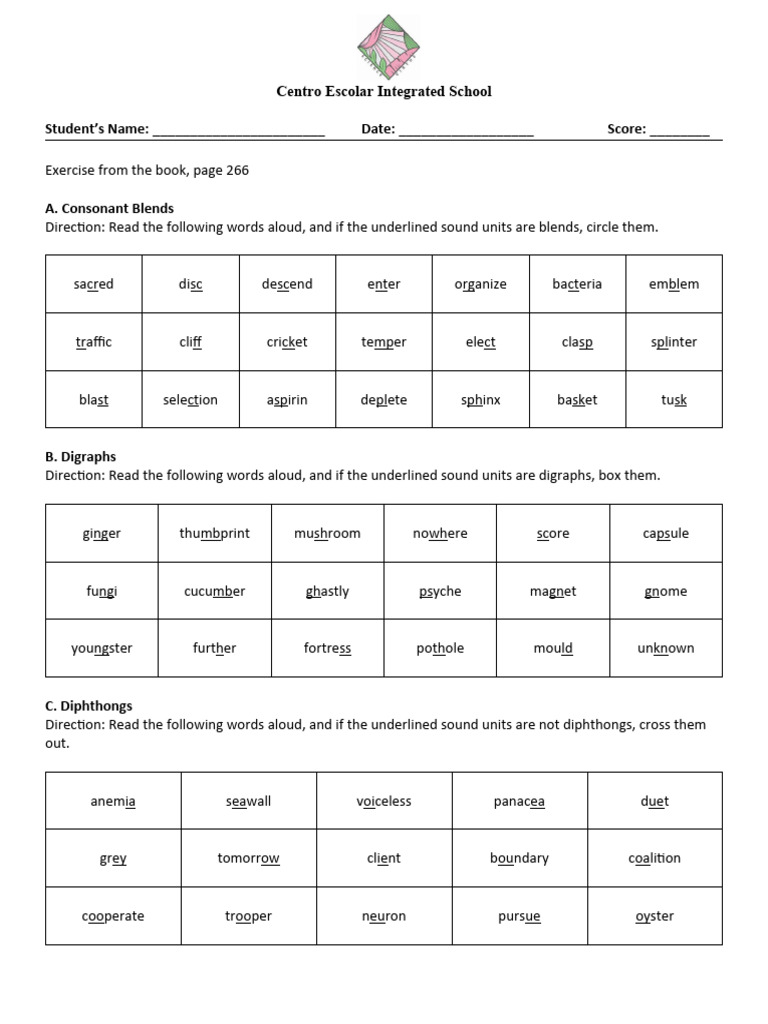 Blends, Digraph and Diphthons | PDF | Linguistics | Human Voice