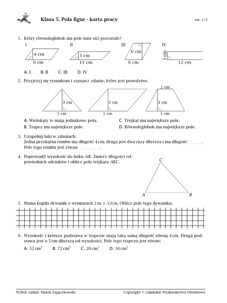 KLASA 5B Pola Wielokątów Karta Pracy | PDF