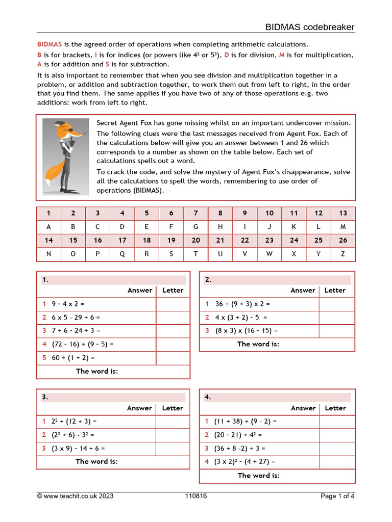 Bidmas Codebreaker Teachit 110816 - 0 | PDF | Arithmetic | Mathematics