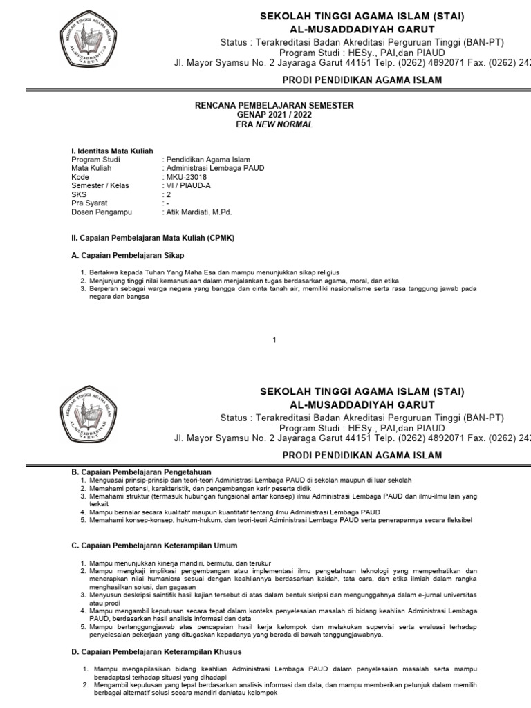 RPS Administrasi Lembaga PAUD Genap 2021-2022 | PDF