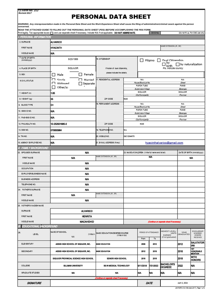 CS Form No. 212 Personal Data Sheet Revised 2 | PDF