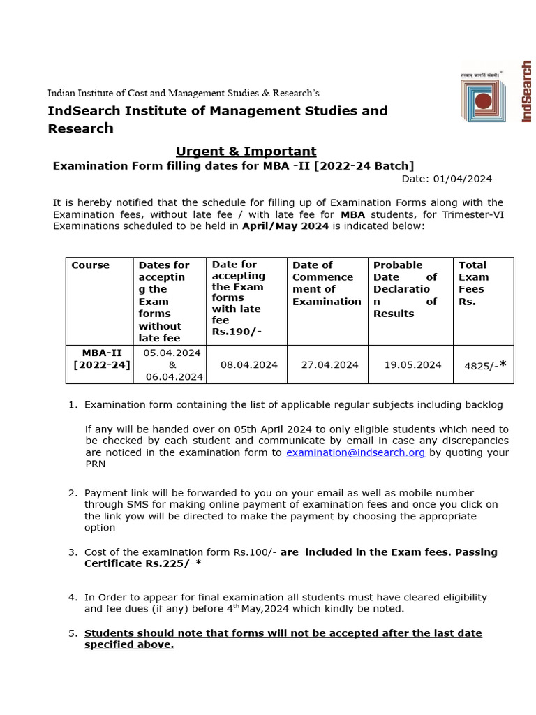 MBA Exam Form Notice Trimester-VI | PDF