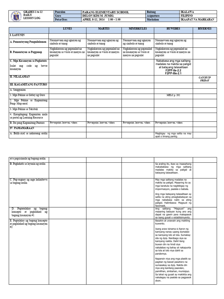 DLL Filipino Q4 W2 | PDF
