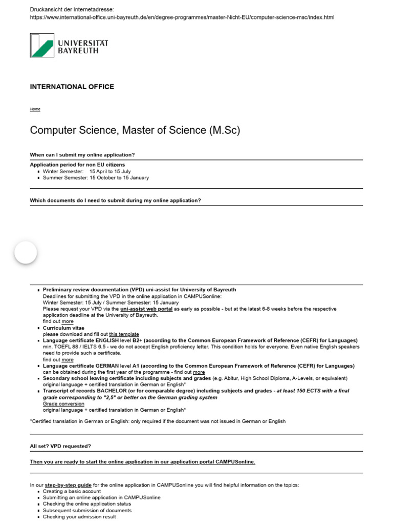 Requirements - Computer Science, Master of Science (M.Sc) | PDF ...