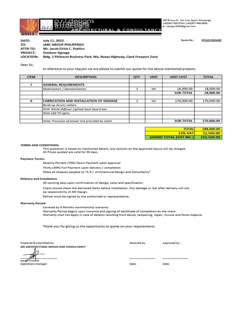 JARC GROUP PH Quotation For Outdoor Signage 071123 | PDF | Business Law