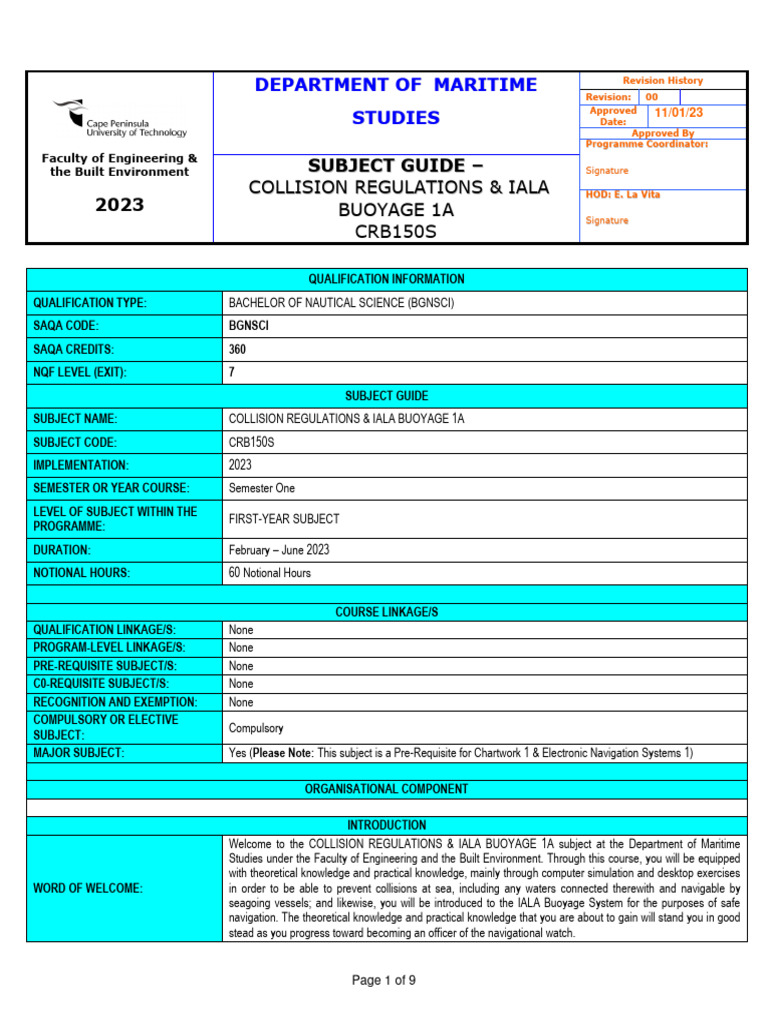 Subject Guide (ColRegs - 2023) | PDF | Knowledge | Psychological Resilience