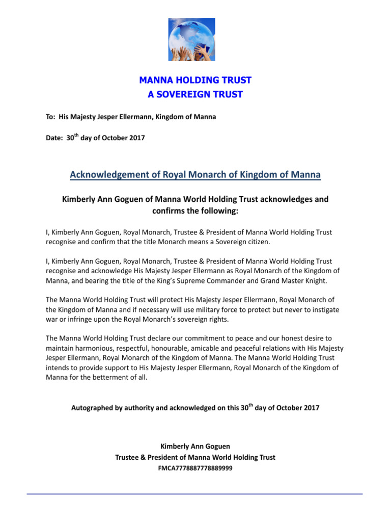 FINAL MWHT Acknowledgement To Monarch of Kingdom of Manna | PDF