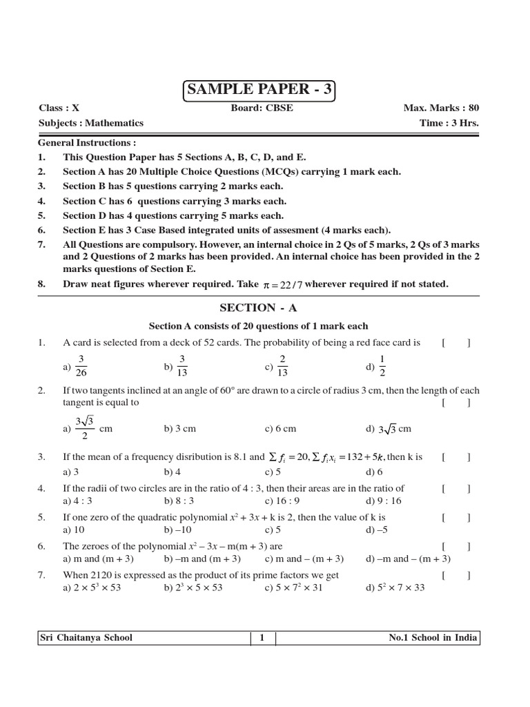 Sample Paper - 3 | PDF | Circle | Area