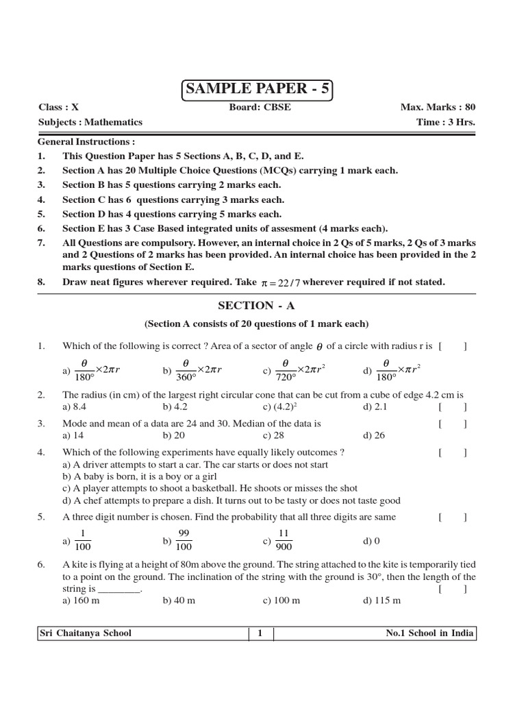 Sample Paper - 5 | PDF | Area | Circle