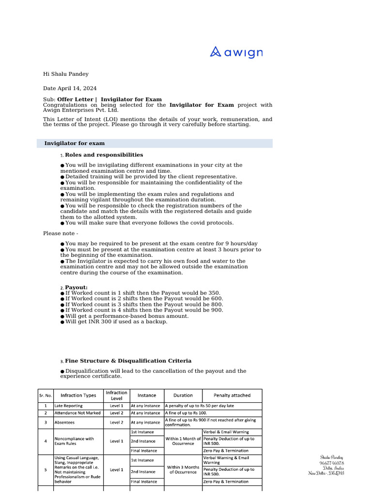 Exam Invigilator Offer Letter | PDF | Indemnity | Property