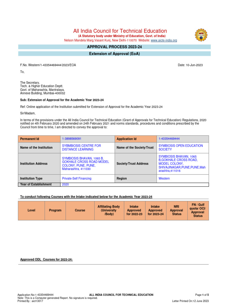 Symbiosys Aicte Approval | PDF | Academic Certificate
