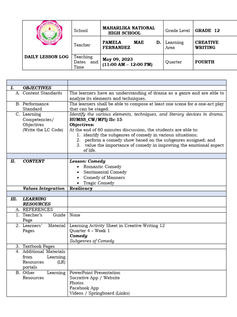 Detailed Lesson Plan | PDF | Comedy | Genre