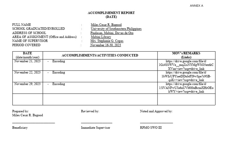 Annex A - Accomplishment Report For DTR Bagood | PDF
