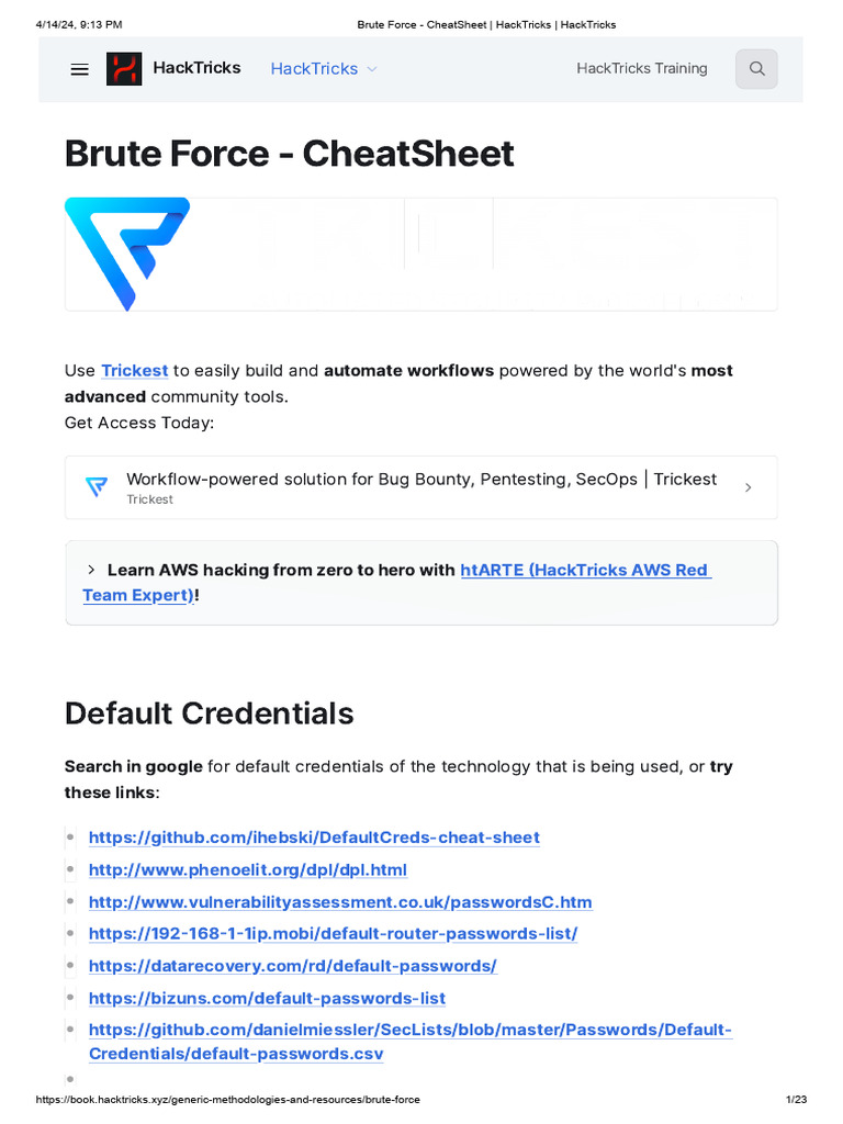 Brute Force - CheatSheet _ HackTricks _ HackTricks | PDF | Computer Security | Security
