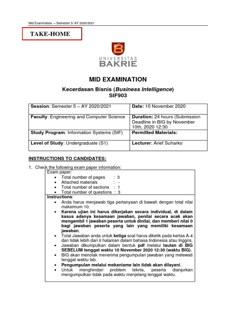 SOAL UTS SIF903 Kecerdasan Bisnis GANJIL 2020 2021 Arief Suharko REG | PDF