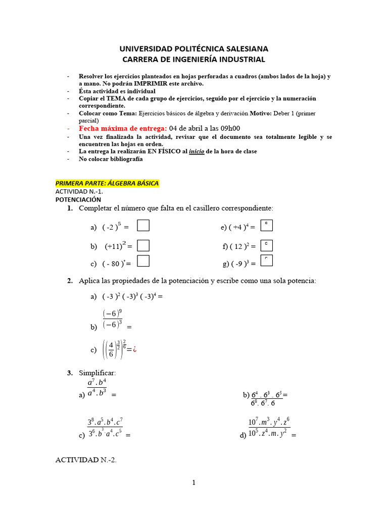 Deber 1 Nivelación (Primer Parcial) | PDF | Factorización | Álgebra abstracta