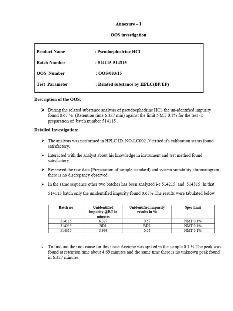 OOS Investigation Report for Pseudoephedrine HCl | PDF | Chromatography ...