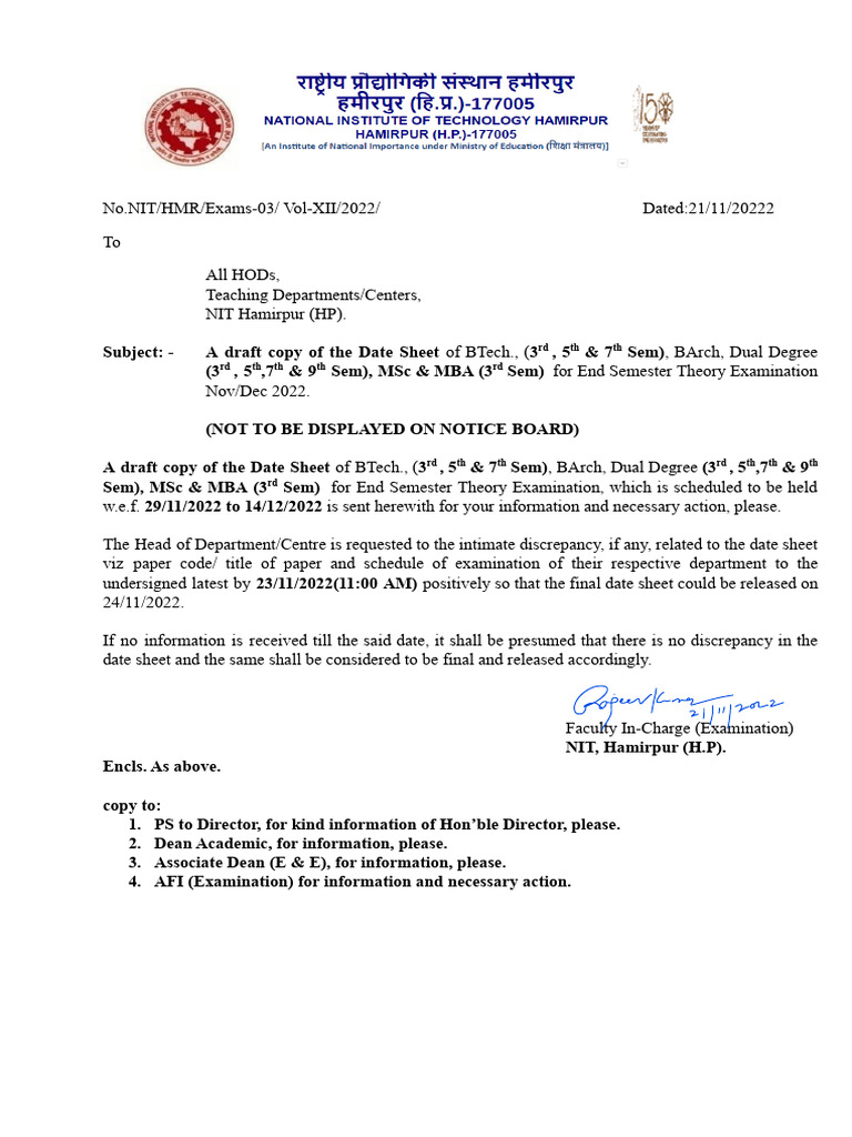 Draft Date Sheet End Sem Theory Exam Nov Dec 2022 | PDF | Engineering ...