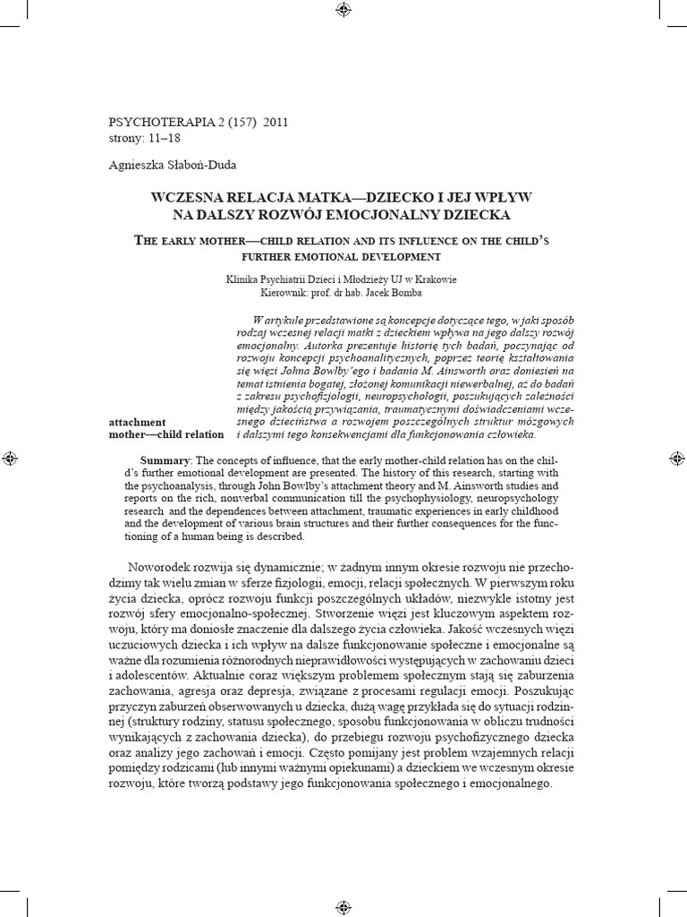 Wczesna Relacja Matka-Dziecko Artykuł UJ W Krakowie | PDF