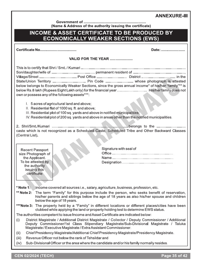 EWS Certificate CEN 02-2024 - Annexure-III | PDF