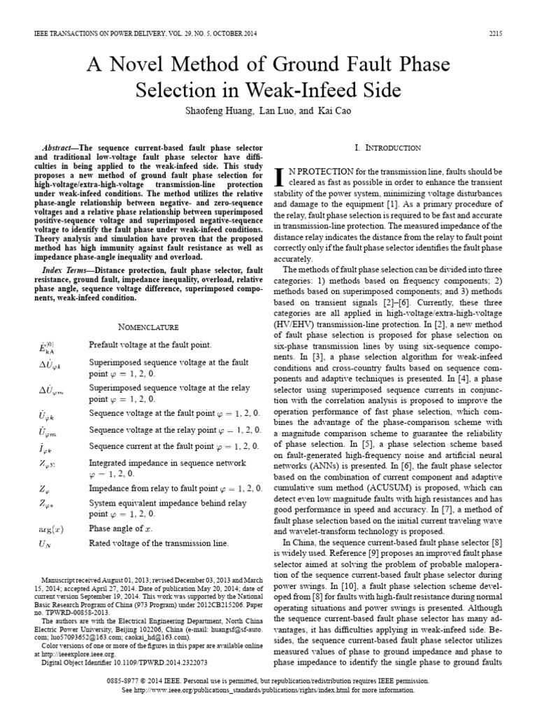 A Novel Method of Ground Fault Phase Selection in Weak-Infeed Side | PDF | Electrical Impedance ...