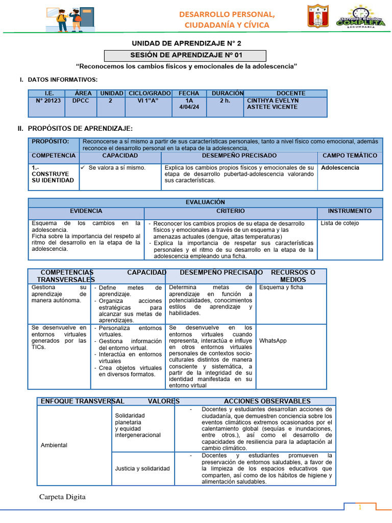 Sesión de Aprendizaje 1 U2 - 1A DPCC | PDF | Aprendizaje | Adolescencia