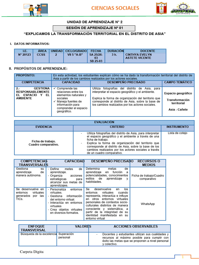 Sesión de Aprendizaje 1 U2 - 5A-B CCSS | PDF | Evaluación | Aprendizaje