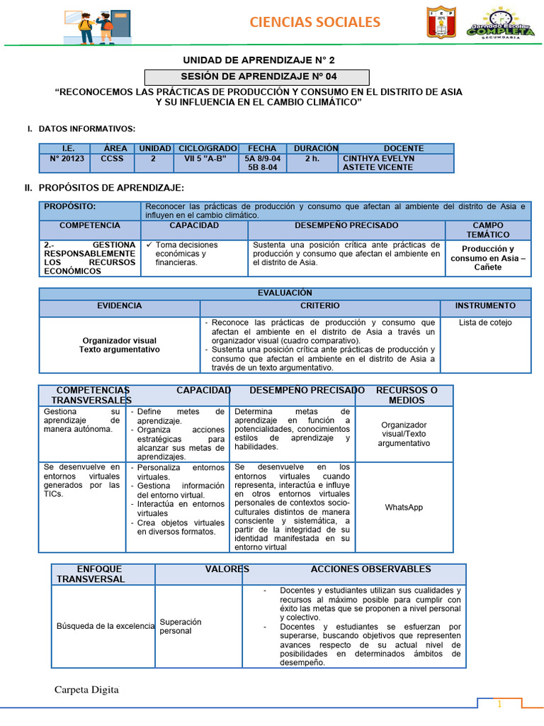 Sesión de Aprendizaje 4 U2 - 5A-B CCSS | PDF | Evaluación | Aprendizaje