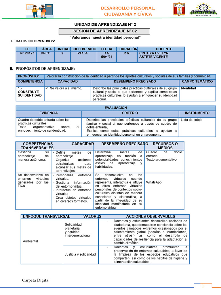 Sesión de aprendizaje 2 U2 - 1A DPCC | PDF | Evaluación | Aprendizaje