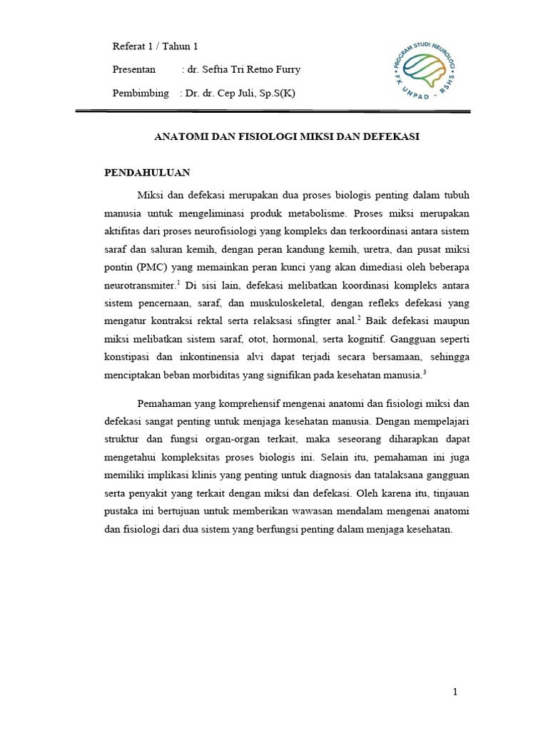Seftia - Referat - Dr. CJ - Anatomi Dan Fisiologi Miksi Dan Defekasi | PDF