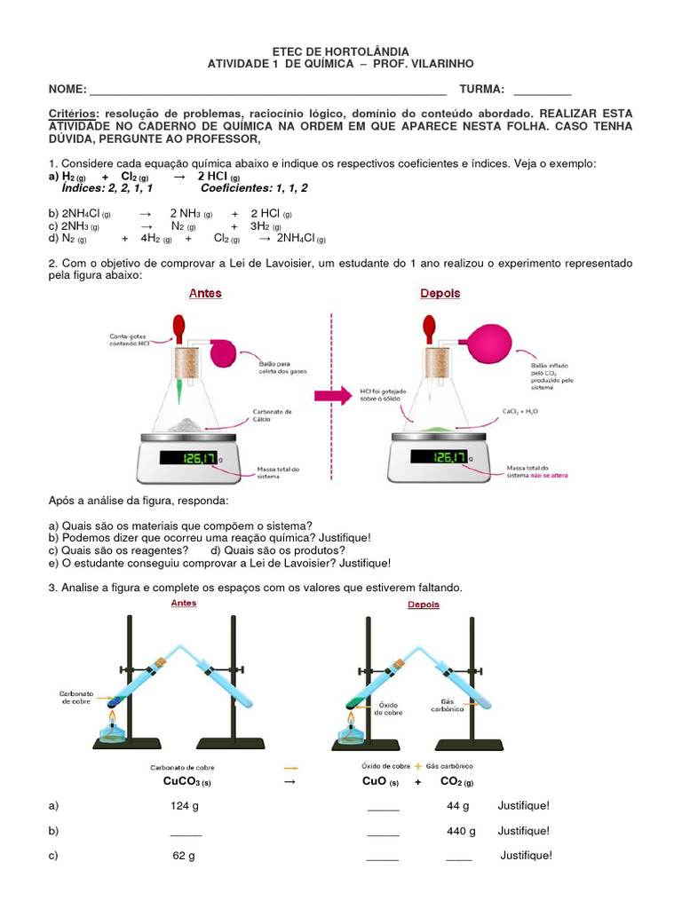 Atividade 1 Ano Bimestre 01 Download Grátis Pdf Combustão Química