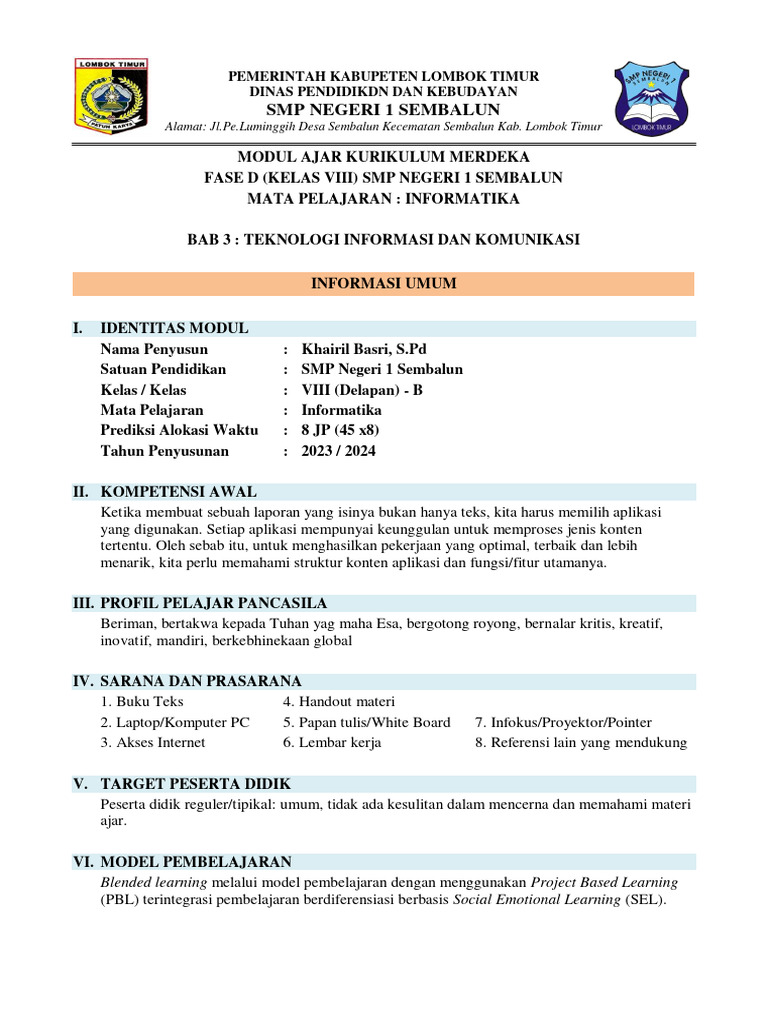 Modul Ajar Informatika - TEKNOLOGI INFORMASI DAN KOMUNIKASI - Fase D | PDF