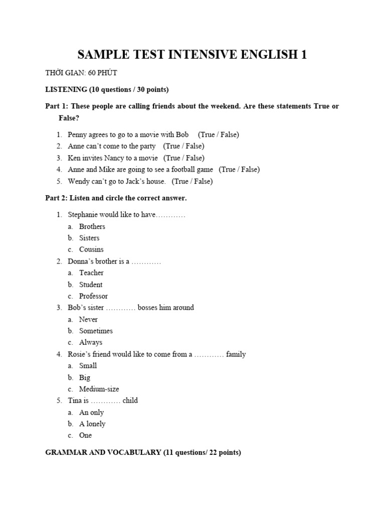 Intensive English 1 Sample Test | PDF