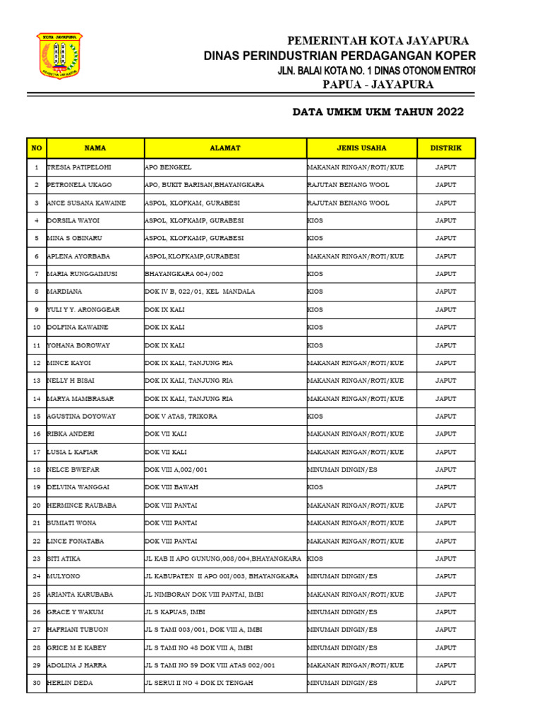 Data UMKM Kota Jayapura 2022 | PDF