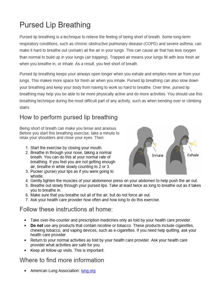 Pursed Lip Breathing Technique Guide | PDF | Breathing | Exhalation
