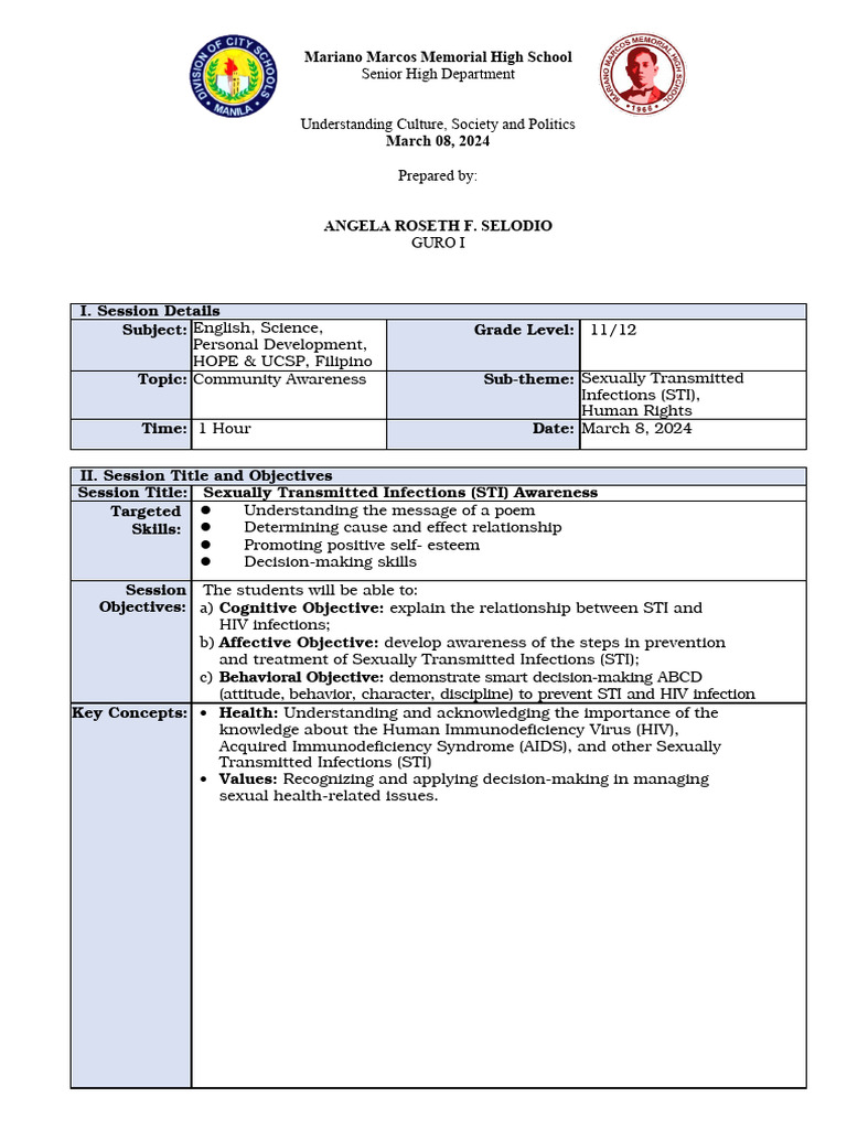 Dear-Lesson Plan - Ucsp - March 08, 2024 | PDF | Sexually Transmitted ...