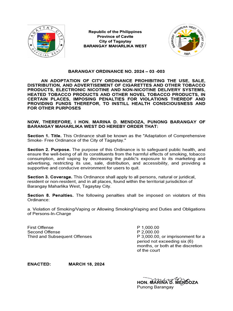 Barangay Maharlika Smoke-Free Ordinance | PDF