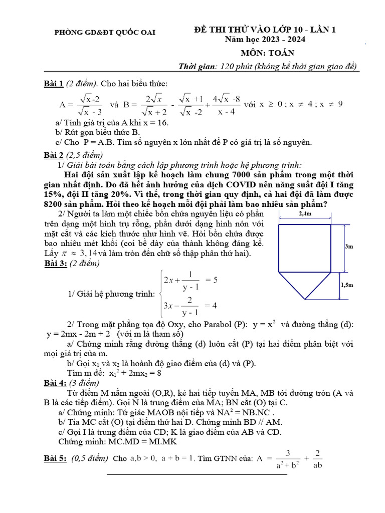 De Thi Thu Toan Vao 10 Lan 1 Nam 2023 2024 Phong GDDT Quoc Oai Ha | PDF