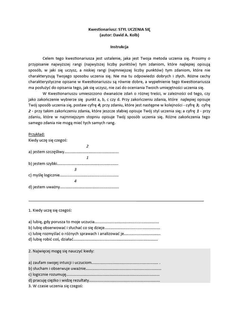 Kwestionariusz Kolba | PDF