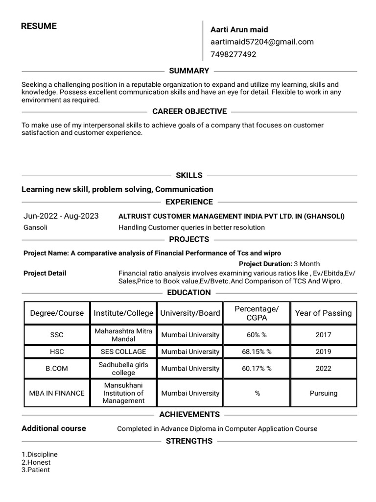 Resume - Aarti Arun Maid 123 - Format3 | PDF | Mumbai Resume - Aarti Arun Maid 123 - Format3 | PDF | Mumbai
