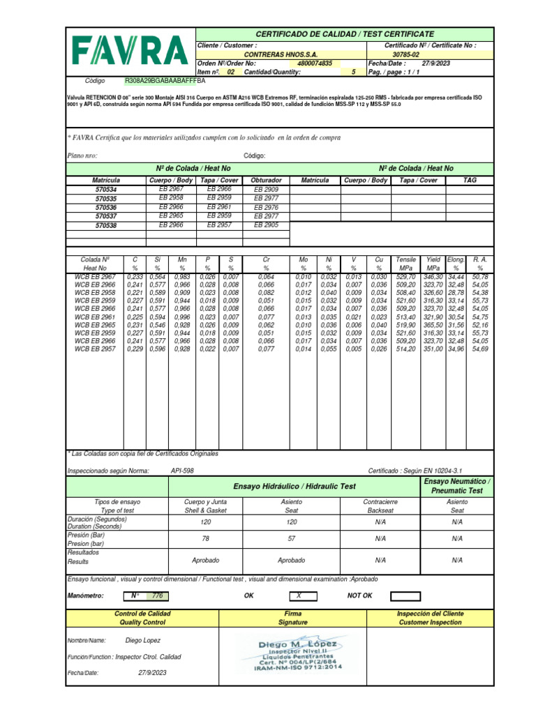 FAVRA Certifica Que Los Materiales Utilizados Cumplen Con Lo Solicitado ...