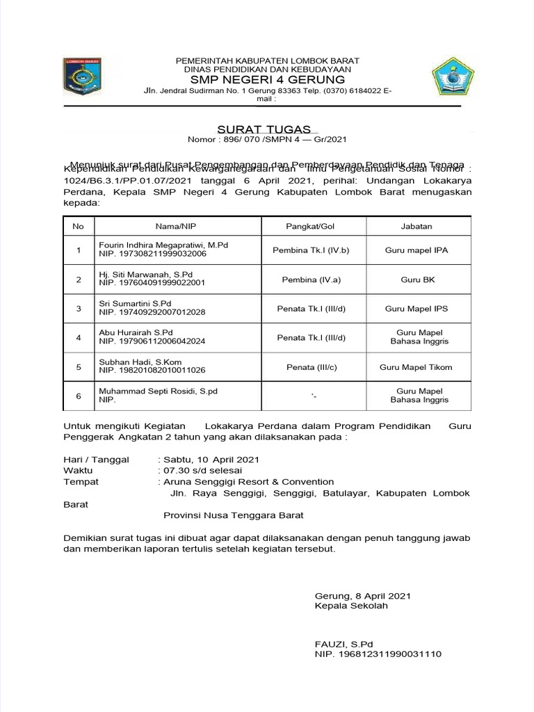 PDF Surat Tugas Lokakarya CGP | PDF