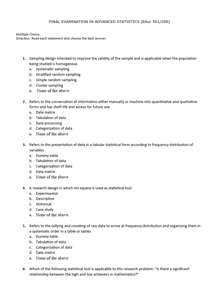 Advanced Statistics Final Exam Questions | PDF | Sampling (Statistics ...