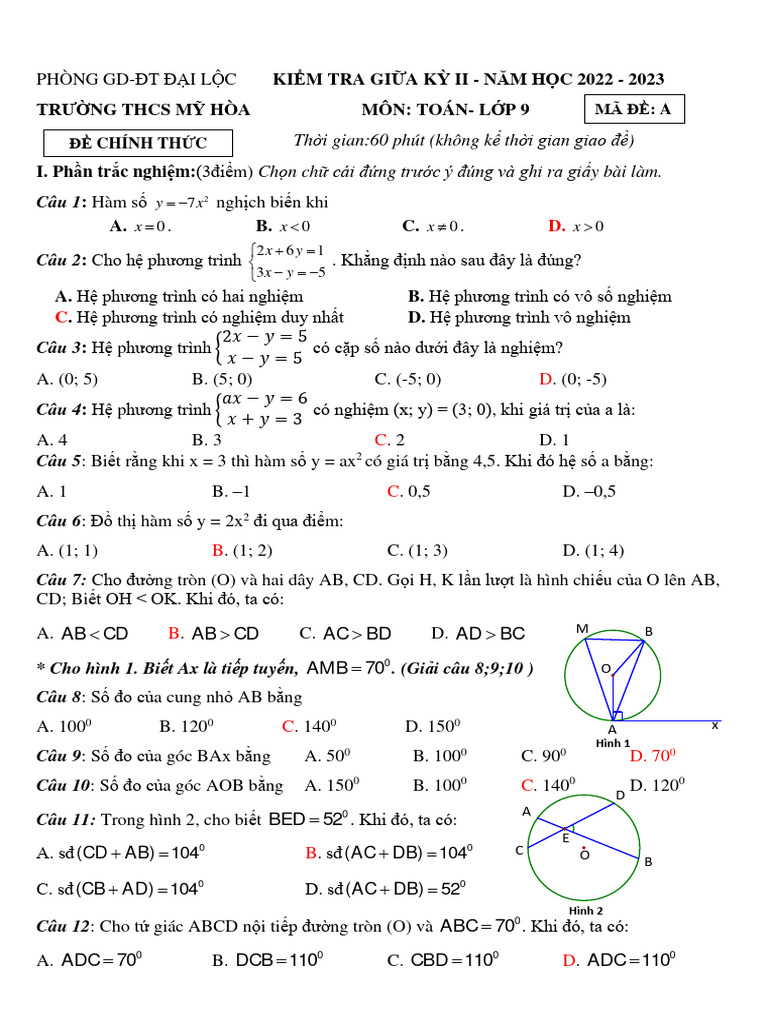 De Giua Ky 2 Toan 9 Nam 2022 2023 Truong Thcs My Hoa Quang Nam | PDF