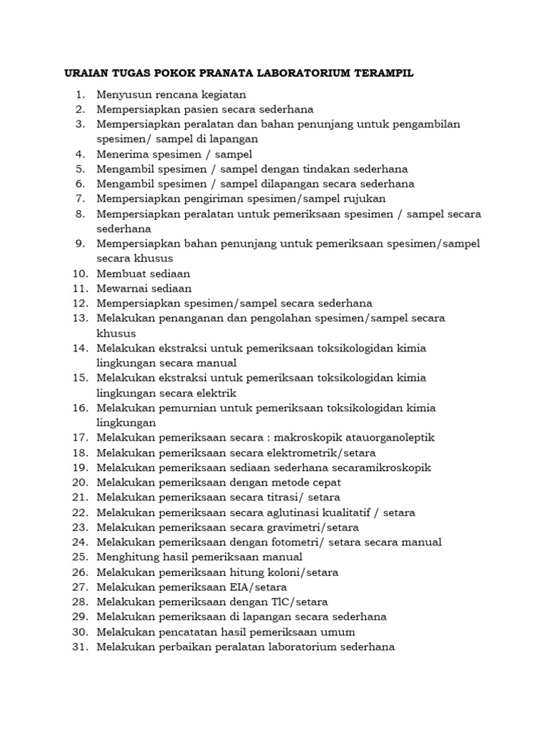 Uraian Tugas Pokok Pranata Laboratorium Terampil | PDF