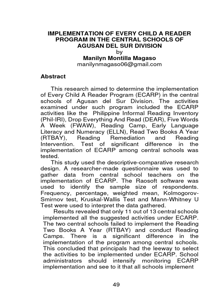 Implementation of Every Child A Reader Program in The Central Schools of Agusan Del Sur Division ...